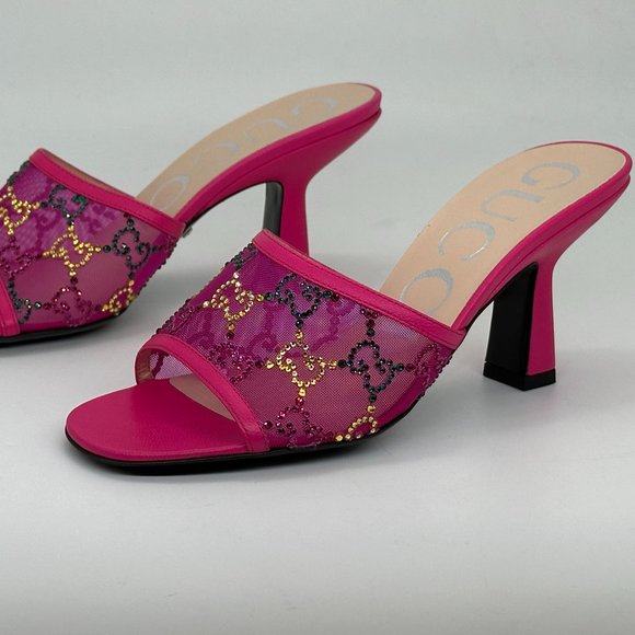 Gucci | Shoes | Gucci Gg Monogram Demi Rhinestone Crystal Mesh Mules ...